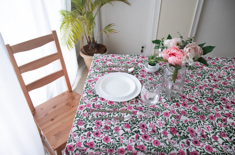 Pink Cotton Tablecloth With Hand Block Printed Floral Pattern, Indian ...