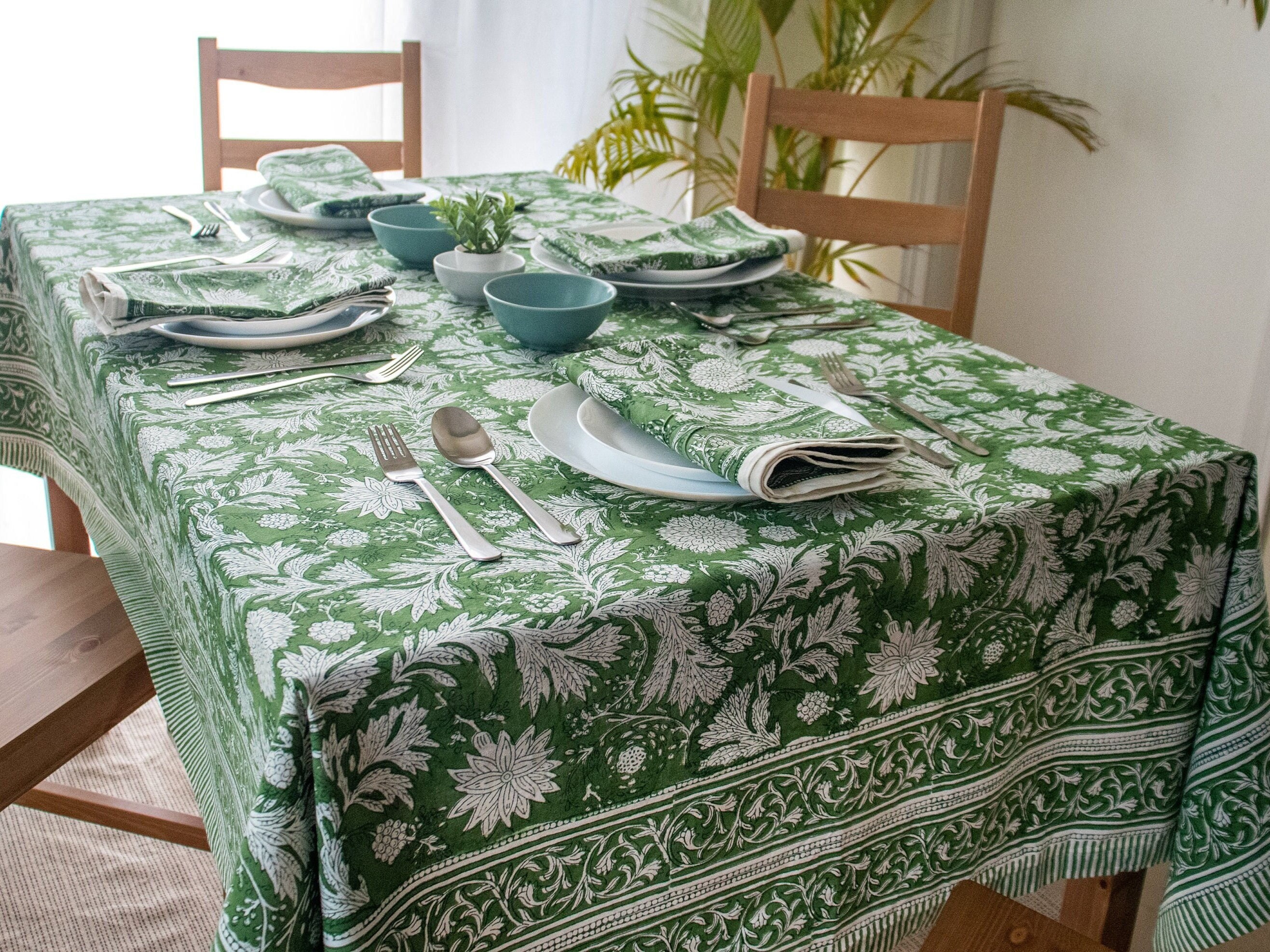 Green Floral Tablecloth, Hand Block Print Cotton Dining Linen - Etsy