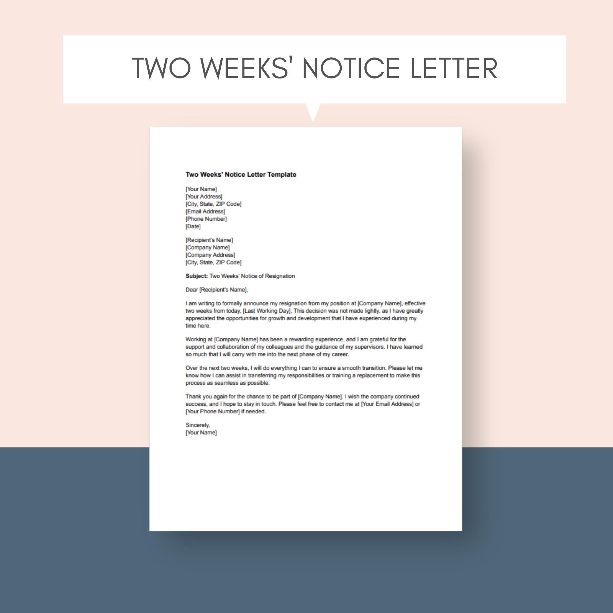 Two Weeks Notice Letter Template Resignation Letter Template Editable ...