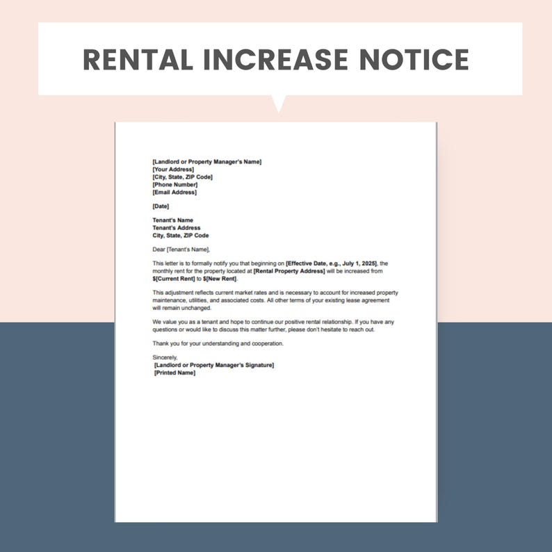 Rent Increase Notice Template Editable Rental Letter Landlord Tenant ...