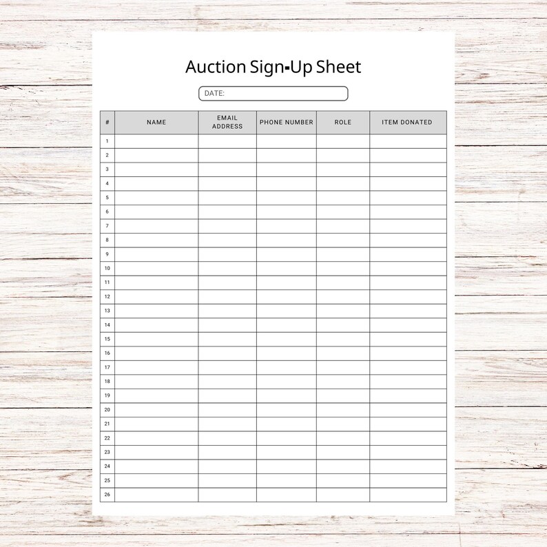Auction Sign up Sheet Printable Auction Volunteer Form Silent Auction ...