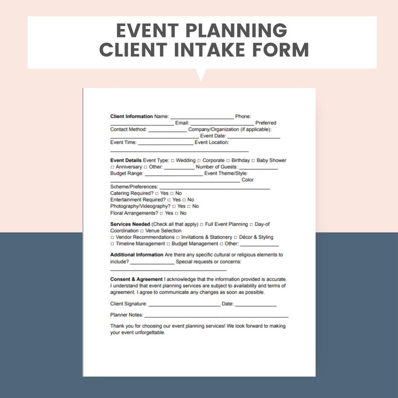 Event Planning Intake Form Editable PDF Word Client Consultation Form Party Planner ...