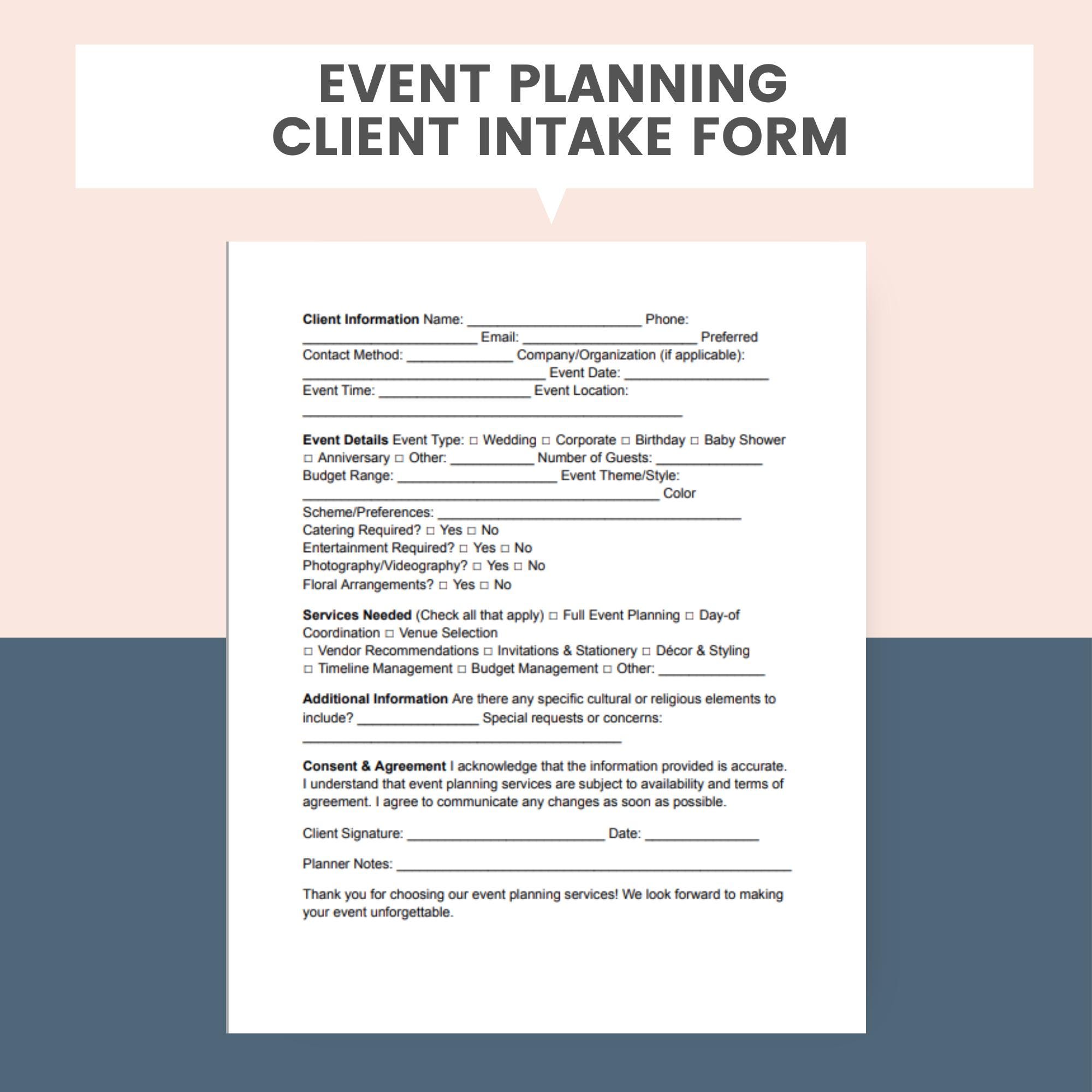 Event Planning Intake Form Editable PDF Word Client Consultation Form ...