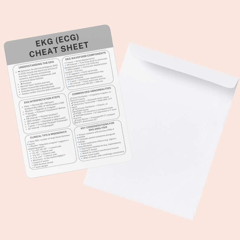 EKG Cheat Sheet Printable Cardiac Reference Nursing Student Study Guide ...