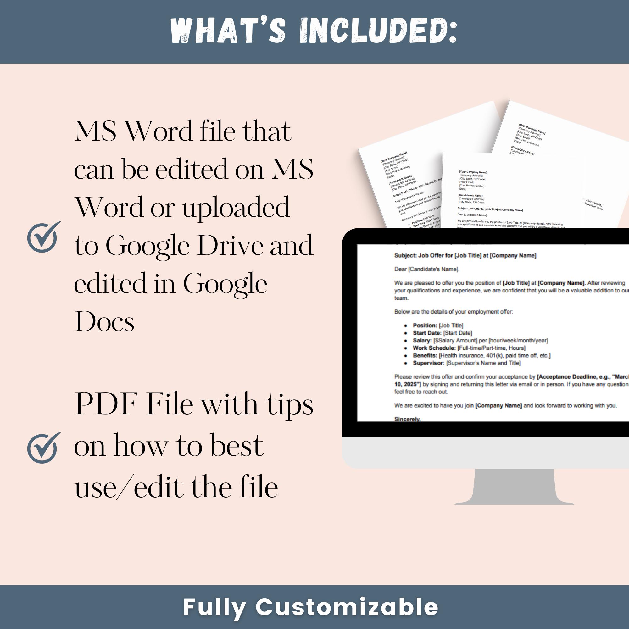 Job Offer Letter Template Editable Word PDF Professional Employment ...