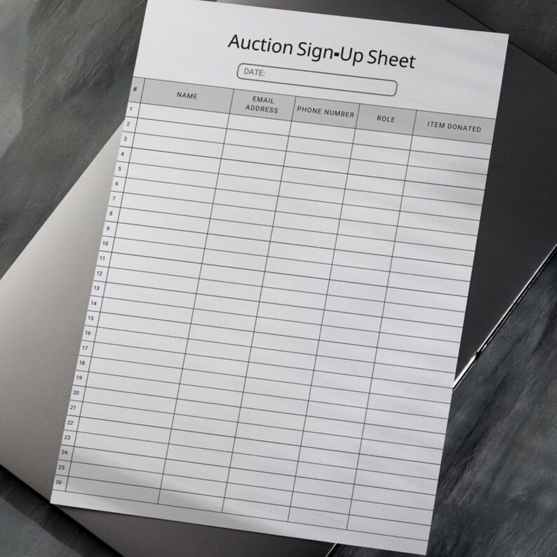 Auction Sign up Sheet Printable Auction Volunteer Form Silent Auction ...