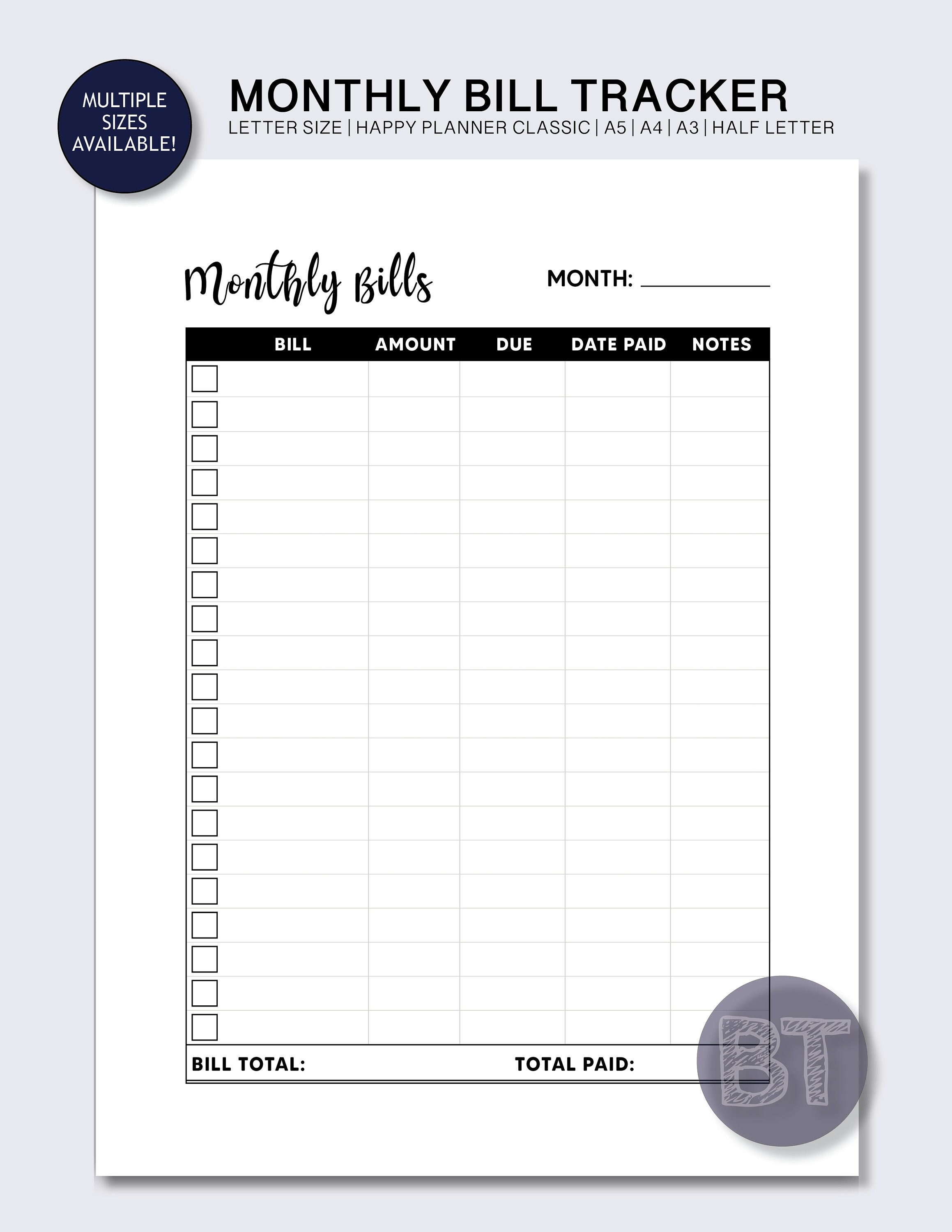 Monthly Bill Tracker, Payday Bill Tracker, A5 Size Bill Tracker, Bills ...