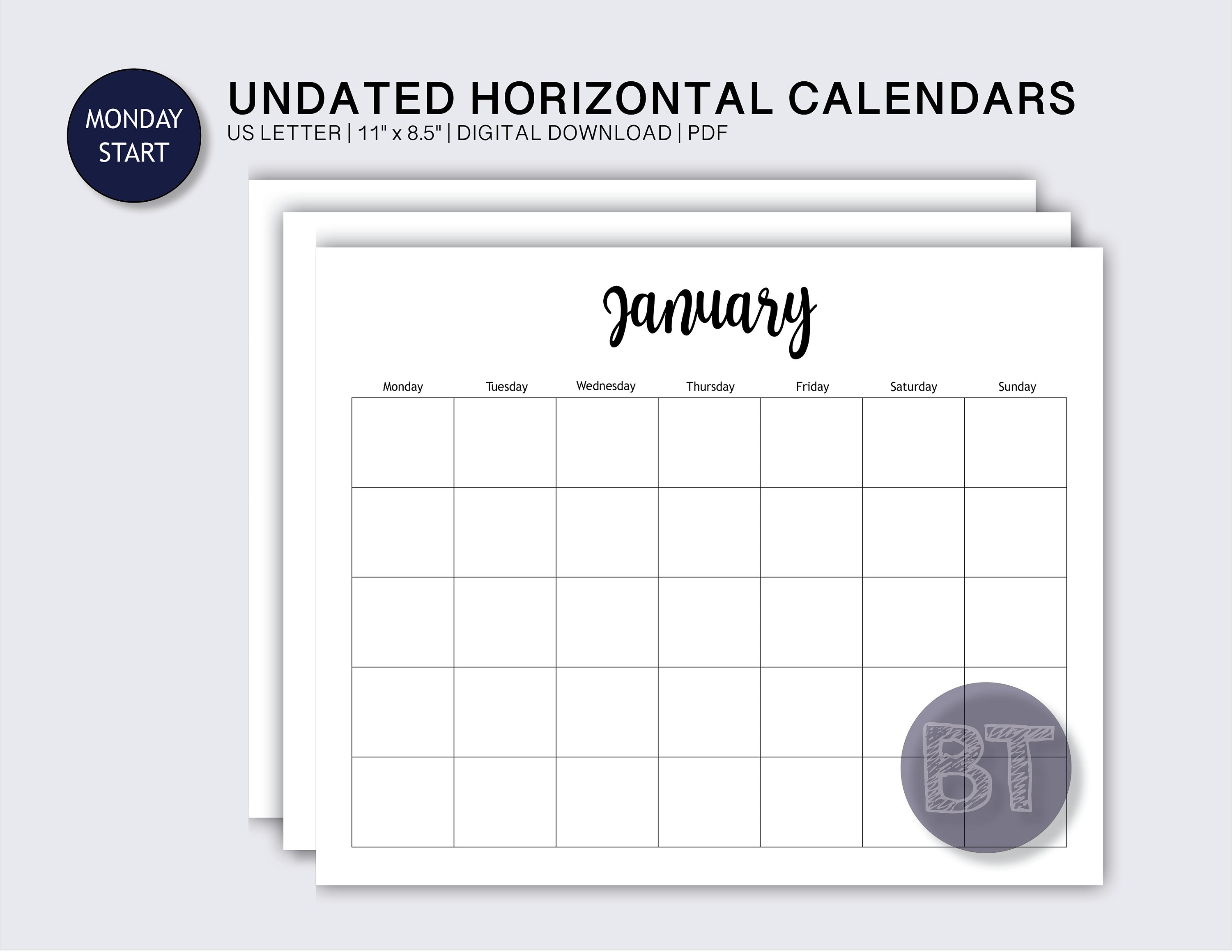Blank Calendar, Horizontal Calendar, Undated Monthly Plan, A5 Undated ...