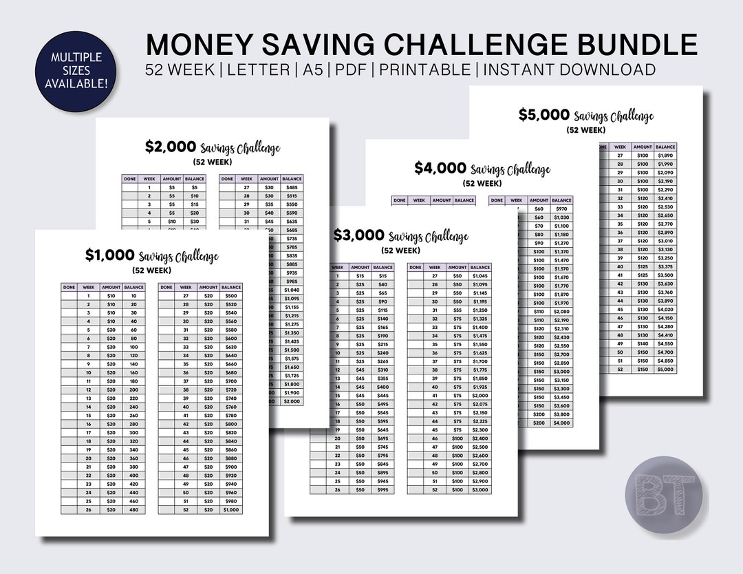 52 Week Savings Challenge Bundle, 1000 | 2000 | 3000 | 4000 | 5000 Dollars, Sinking Funds ...