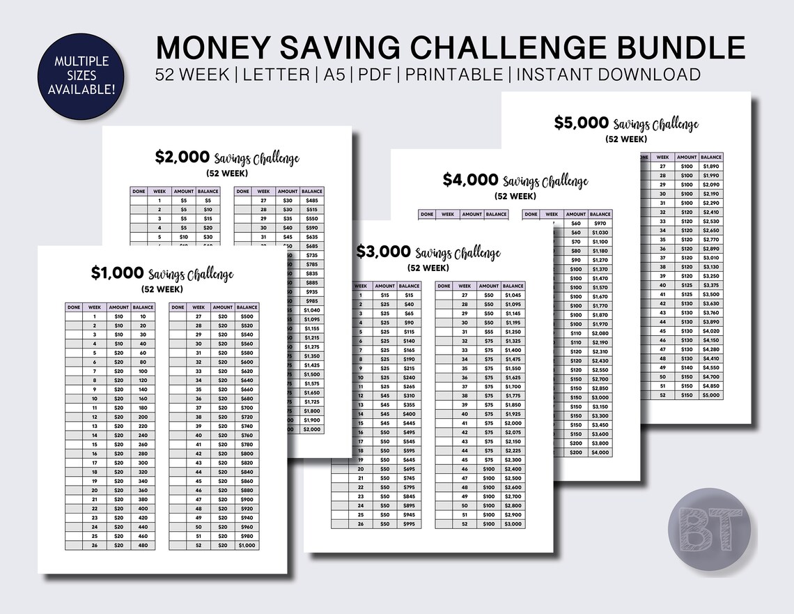 52 Week Savings Challenge Bundle, 1000 | 2000 | 3000 | 4000 | 5000 ...