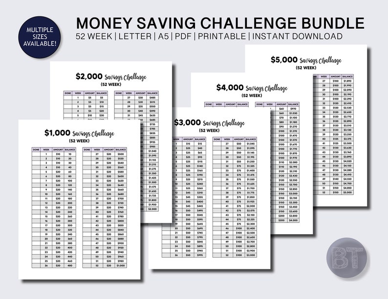 52 Week Savings Challenge Bundle, 1000 | 2000 | 3000 | 4000 | 5000 ...