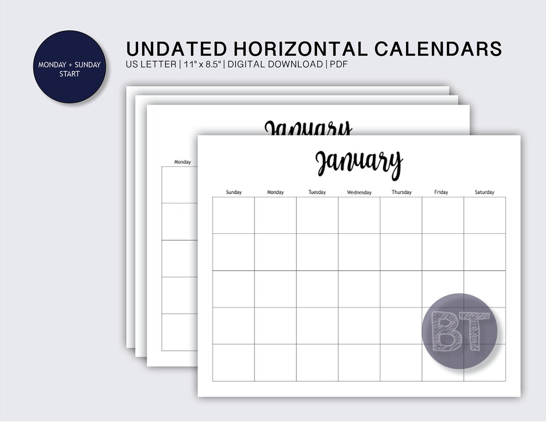 Blank Calendar, Horizontal Calendar, Undated Monthly Plan, A5 Undated ...