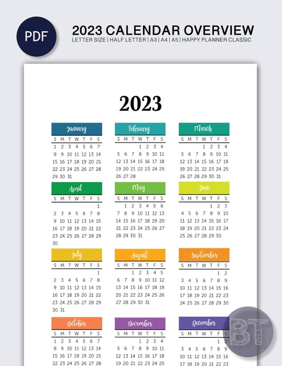 Calendar Printable 2023 Yearly Calendar Year at A Glance - Etsy