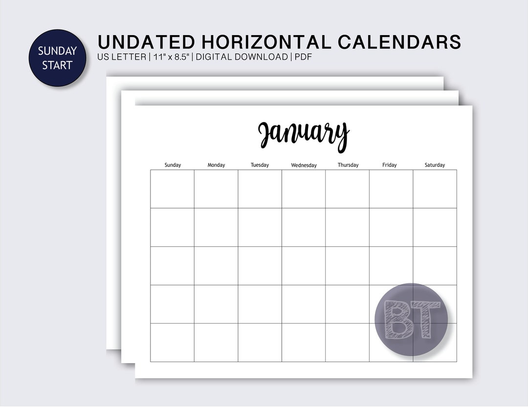 Blank Calendar, Horizontal Calendar, Undated Monthly Plan, A5 Undated ...