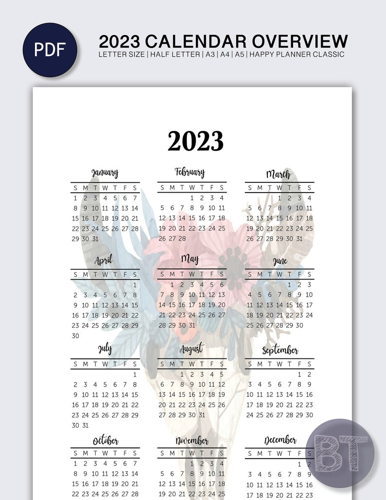 Calendar Printable 2023 Yearly Calendar Year at A Glance - Etsy