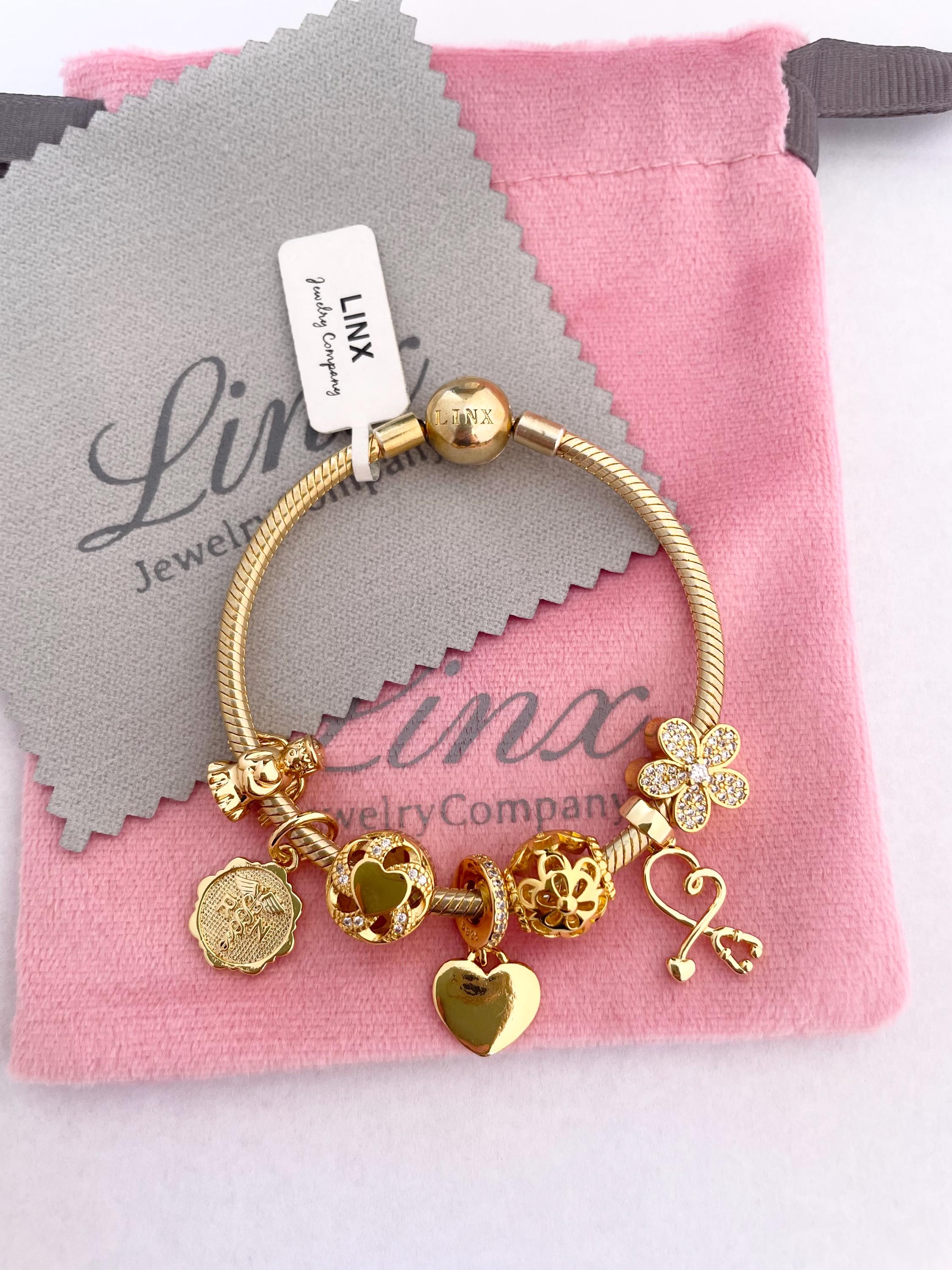 Linx Yellow Gold Snake Chain Bracelet With Registered Nurse RN Themed ...