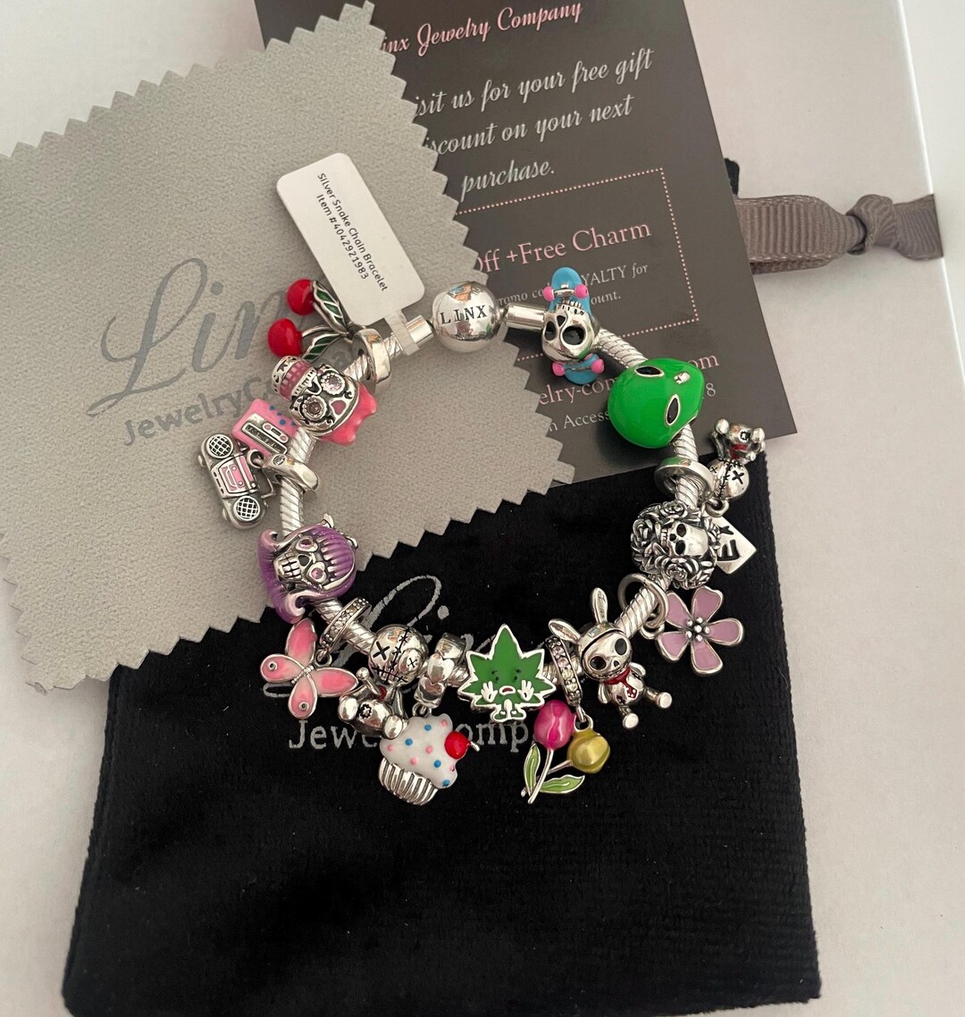 Linx Silver Snake Chain Bracelet With Girly Skull Voodoo Doll Pot Leaf ...