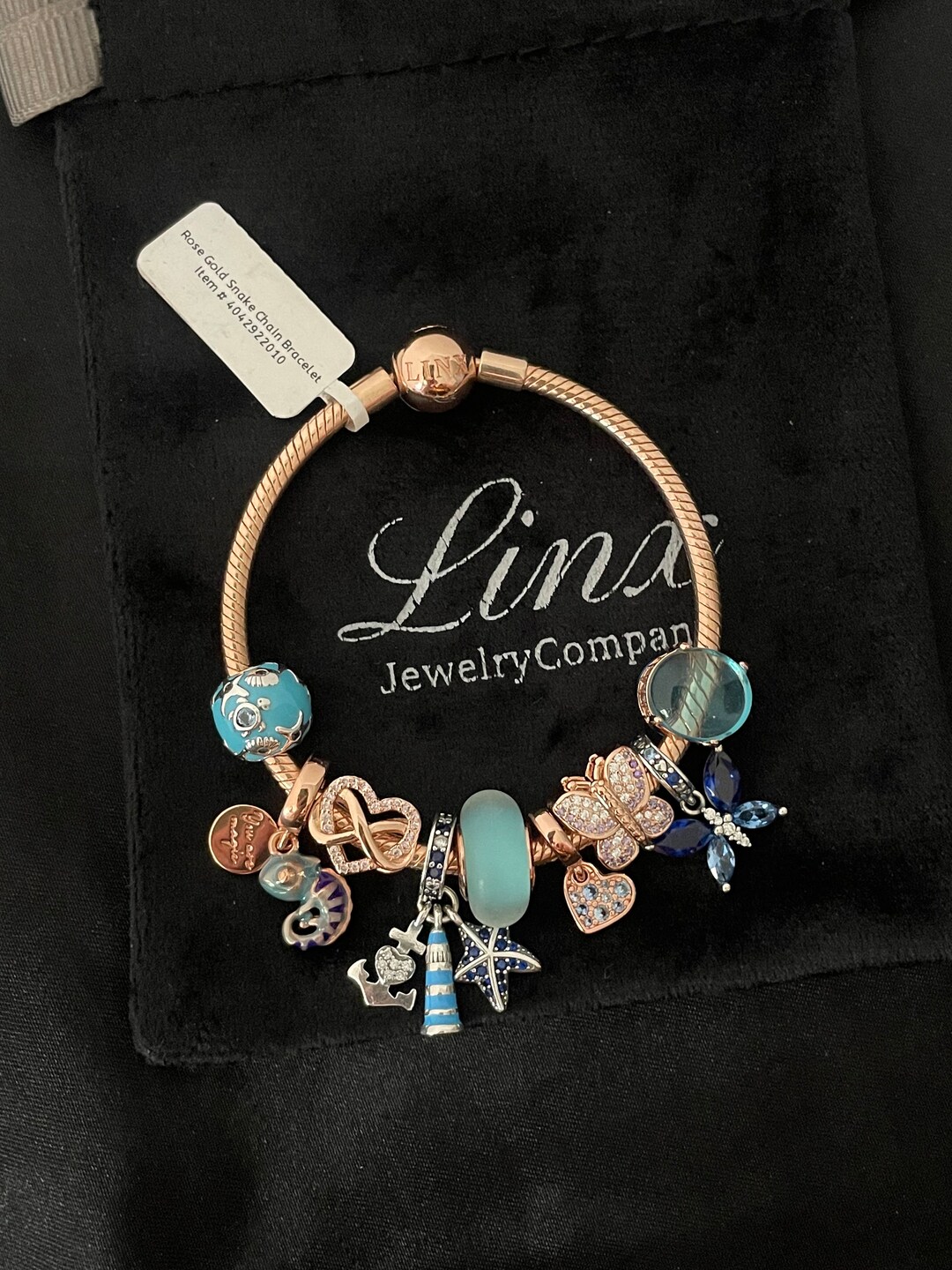 Linx Rose Gold Charm Bracelet: Sterling Silver, Blue Themed Charms - Etsy