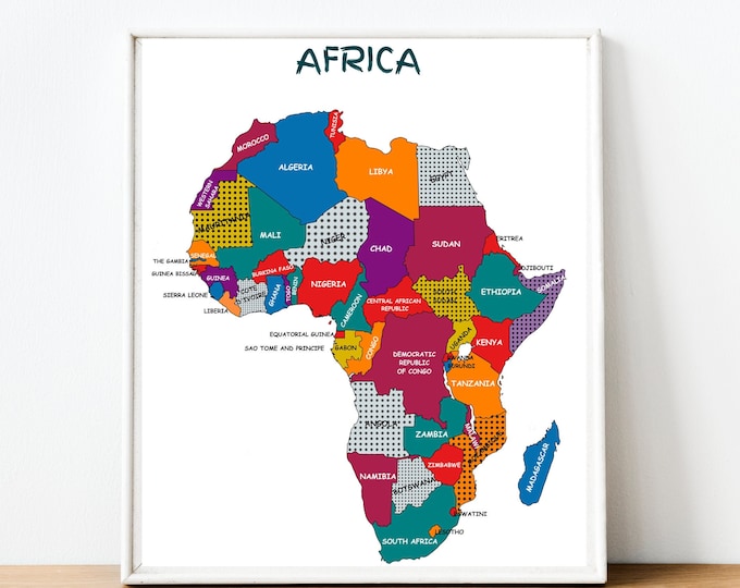Digital Map of Africa, Colorful Home or Office Wall Art Deco Map of ...