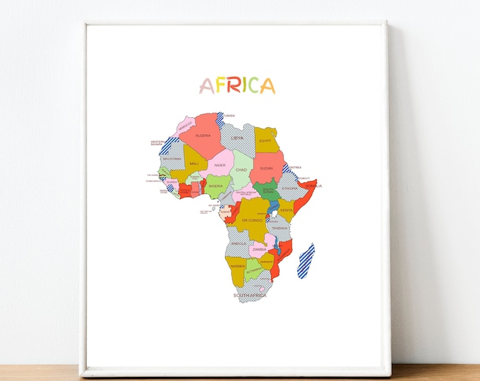 Digital Map of Africa, Colorful Home or Office Wall Art Deco Map of ...