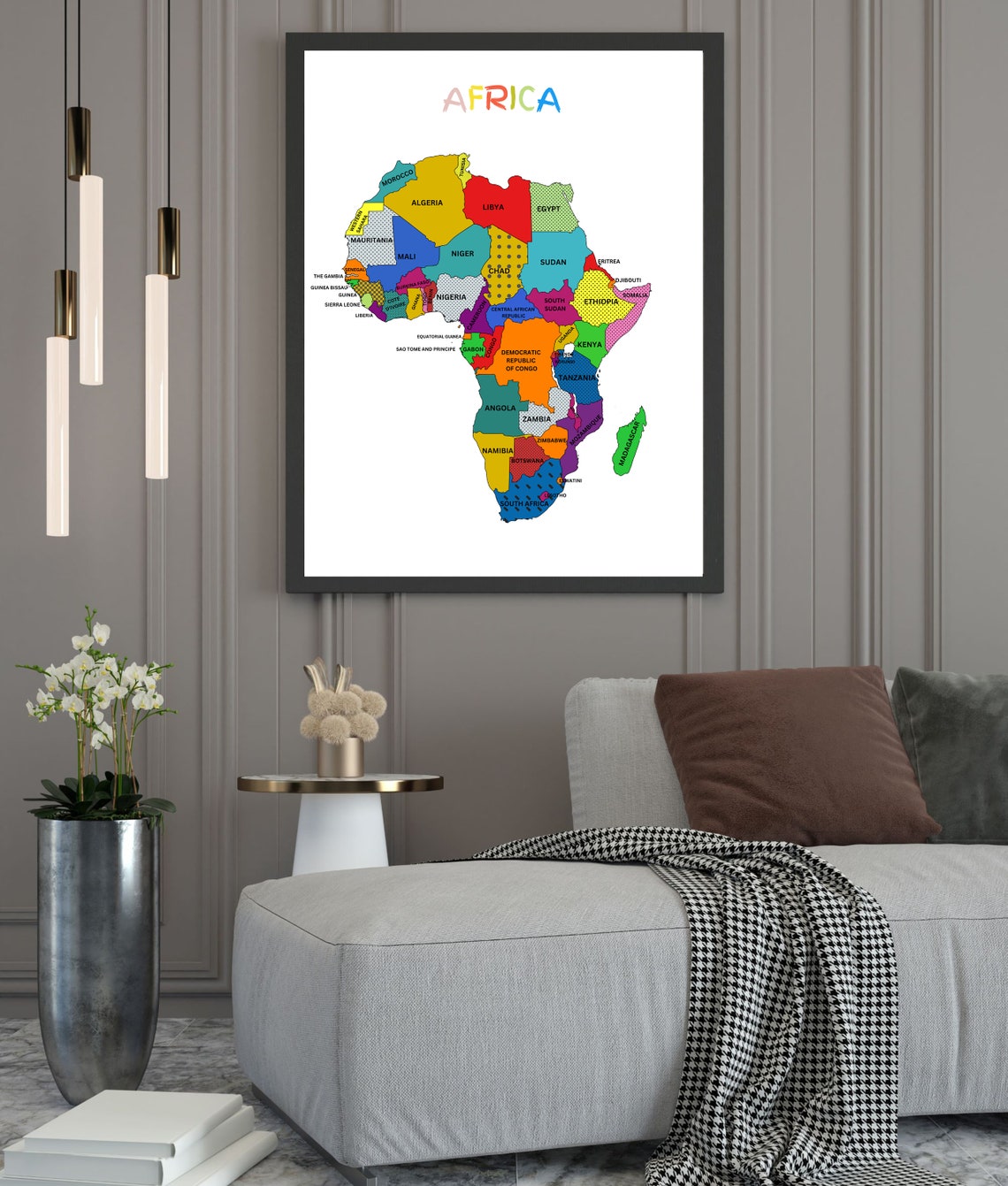Mapa digital de África, colorido mapa art déco para pared de casa u ...