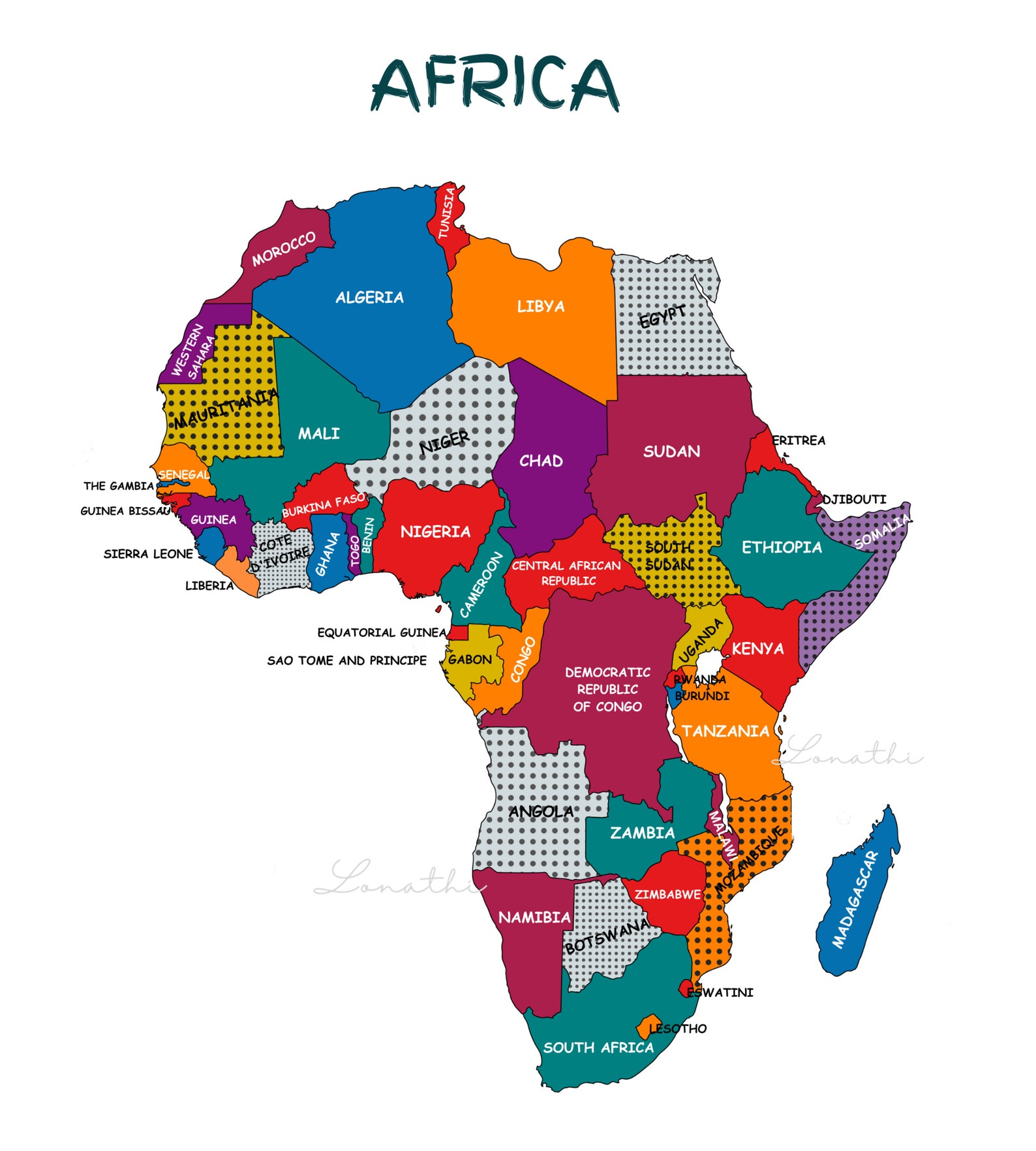 Digital African Map With Beautiful Bright Colors Showing the African ...