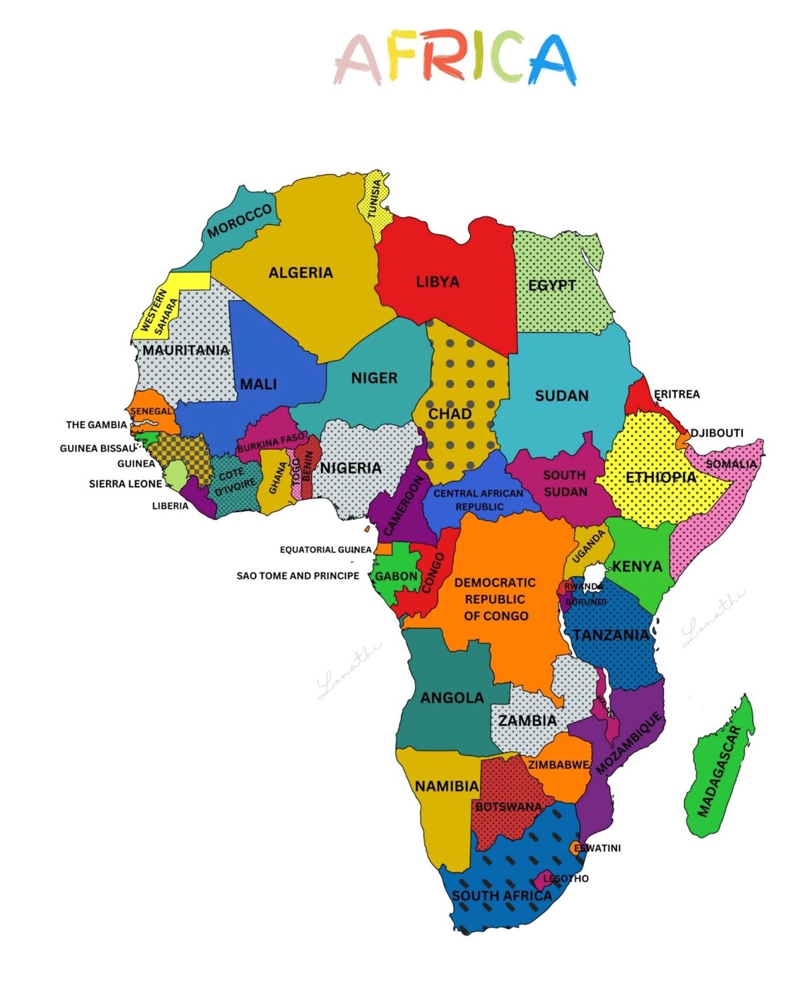 Digital Map of Africa, Colorful Home or Office Wall Art Deco Map of ...