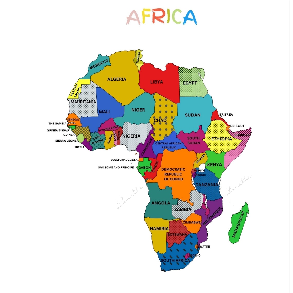 Digital Map of Africa, Colorful Home or Office Wall Art Deco Map of ...