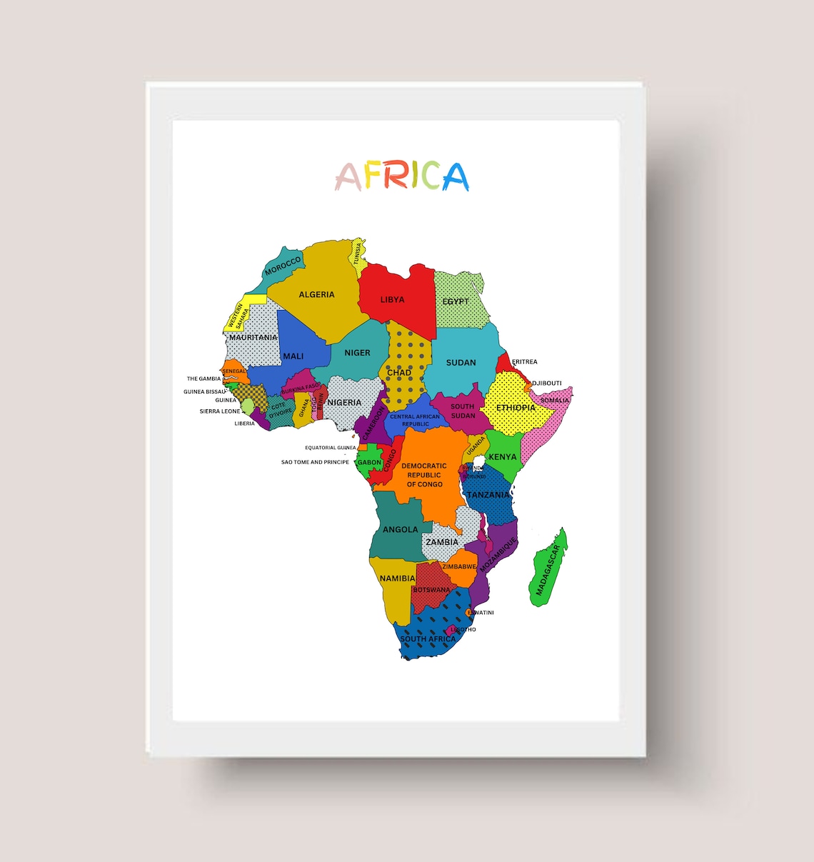 Digital Map of Africa, Colorful Home or Office Wall Art Deco Map of ...