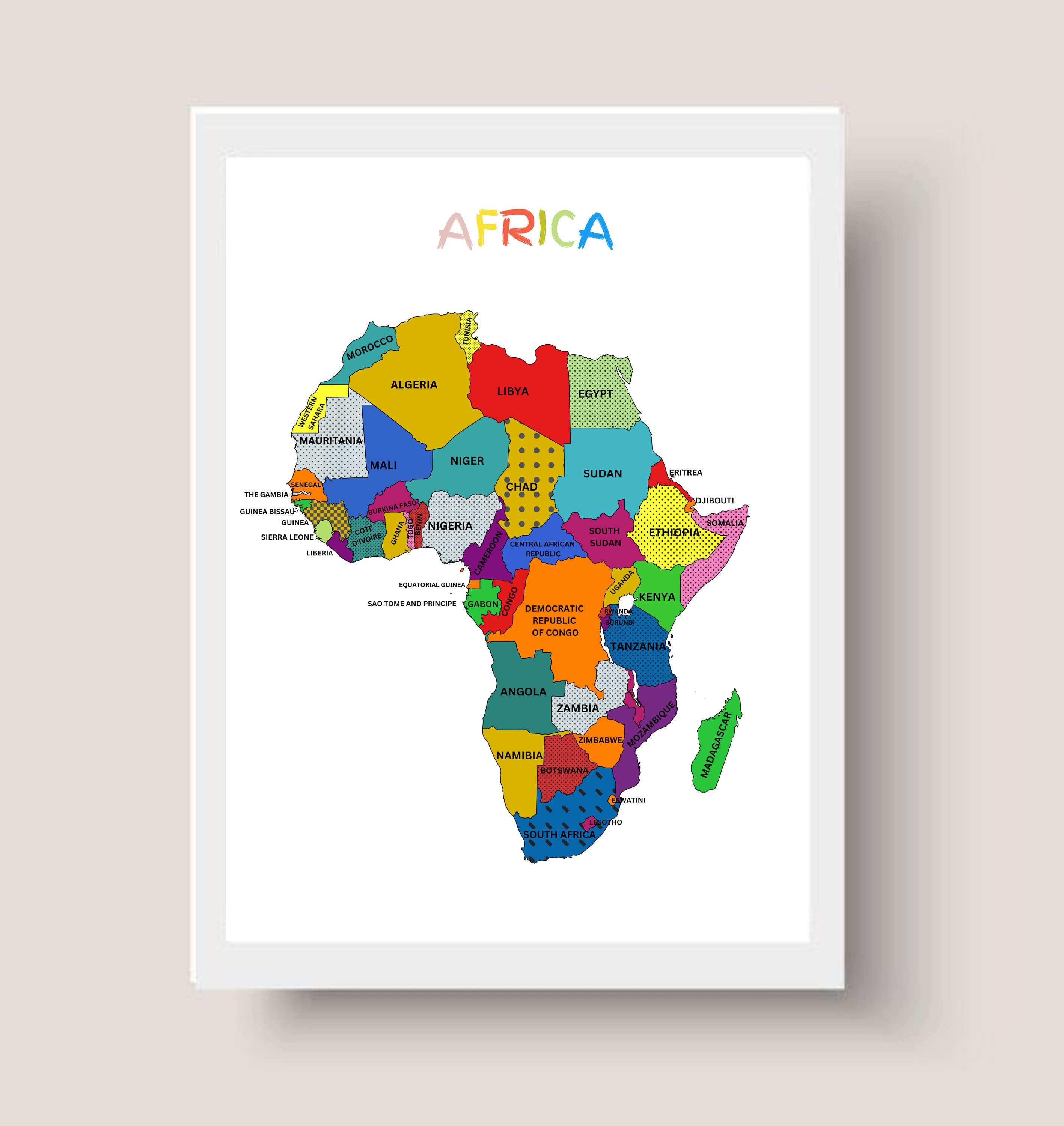 Digital Map of Africa, Colorful Home or Office Wall Art Deco Map of ...