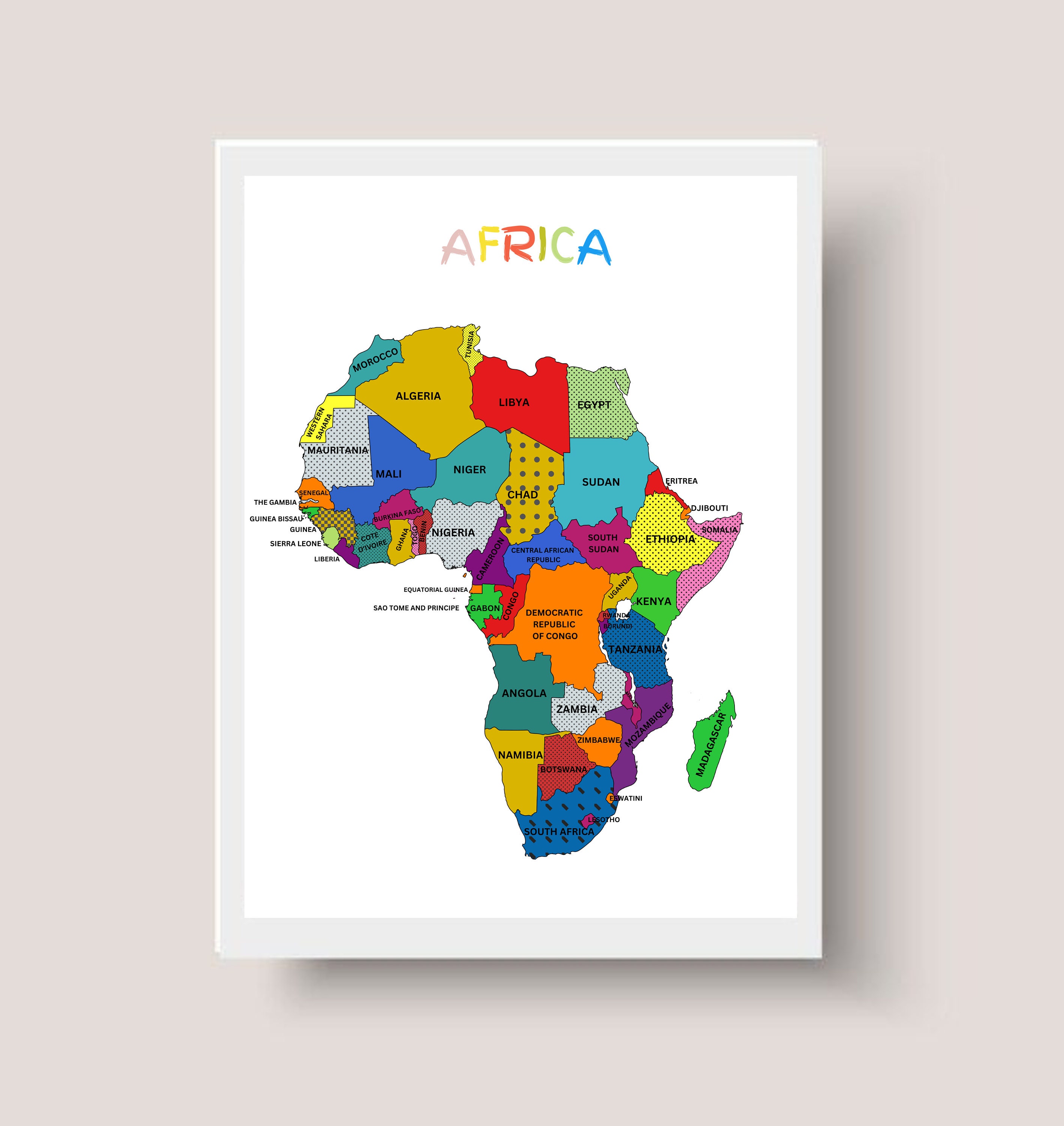 Digital Map of Africa, Colorful Home or Office Wall Art Deco Map of ...