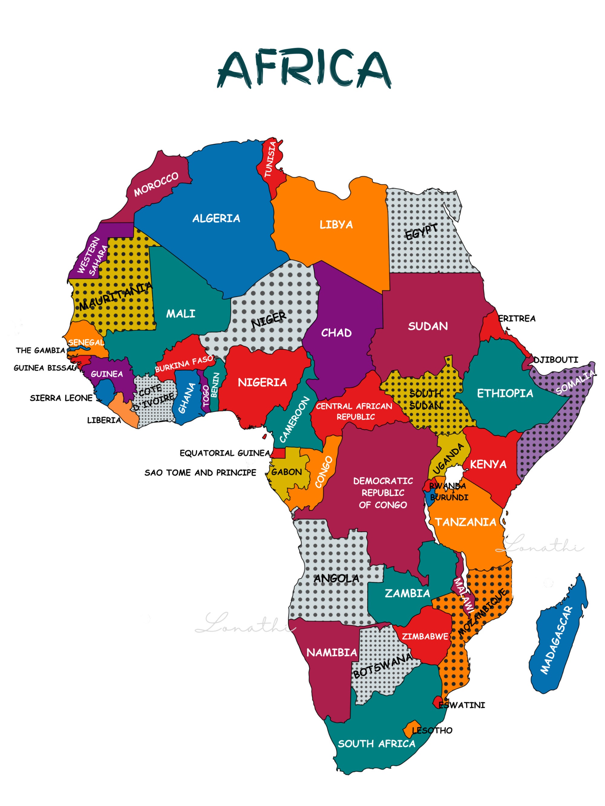 Digital African Map With Beautiful Bright Colors Showing the African ...