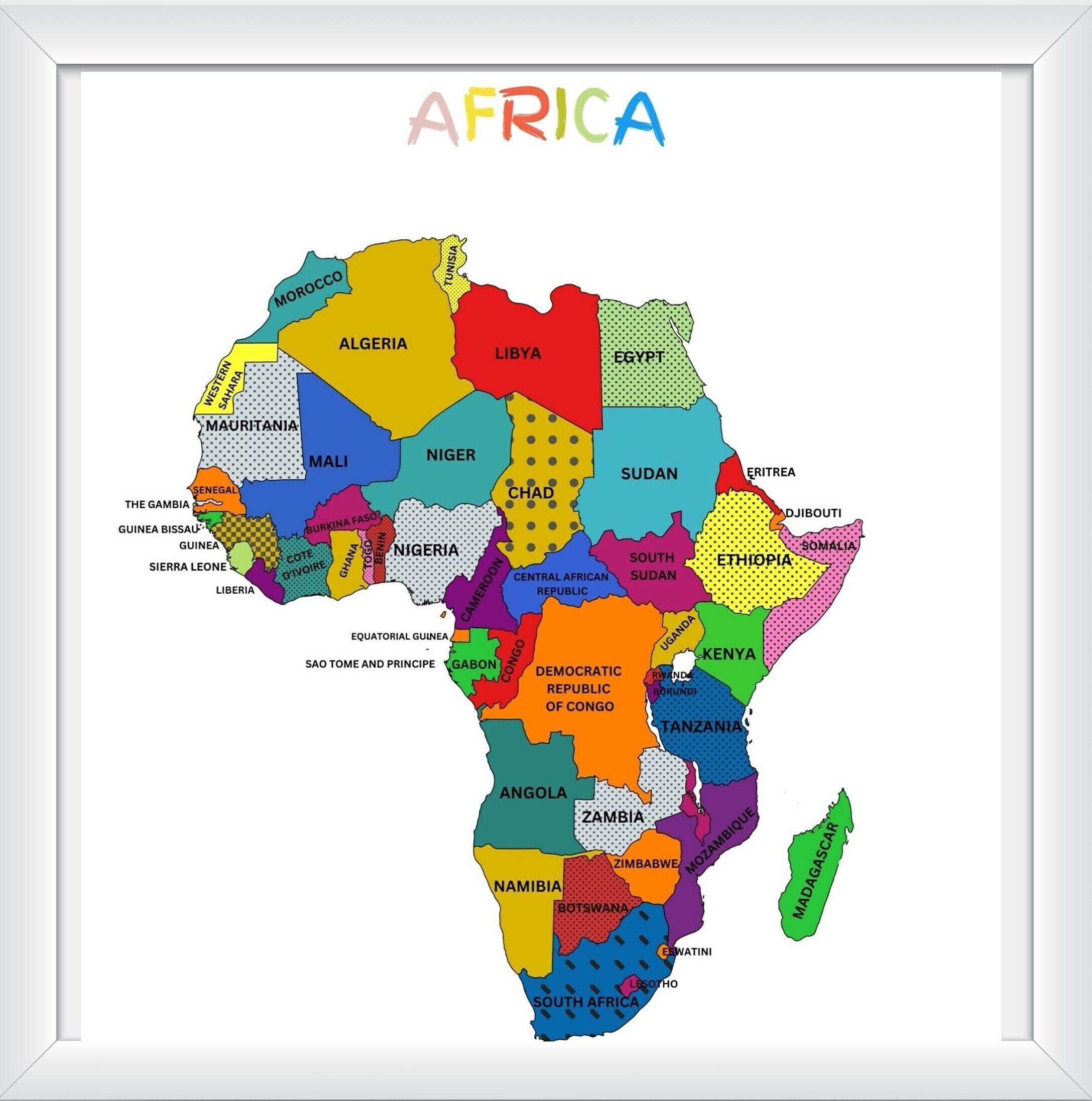 Digital Map of Africa, Colorful Home or Office Wall Art Deco Map of ...