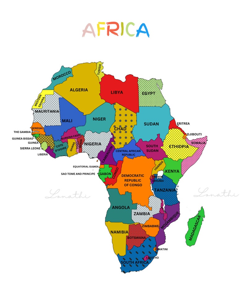 Digital Map of Africa, Colorful Home or Office Wall Art Deco Map of ...