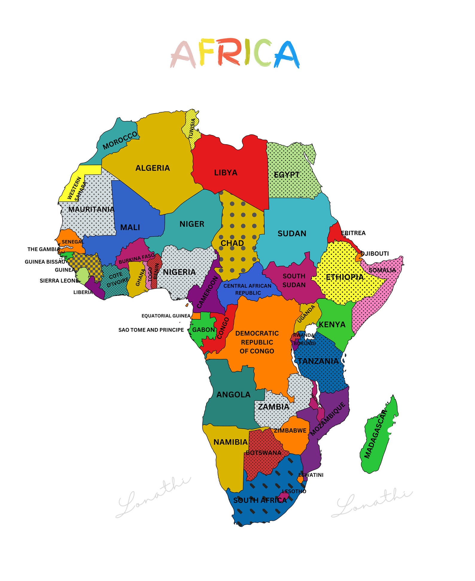 Digital Map of Africa, Colorful Home or Office Wall Art Deco Map of ...