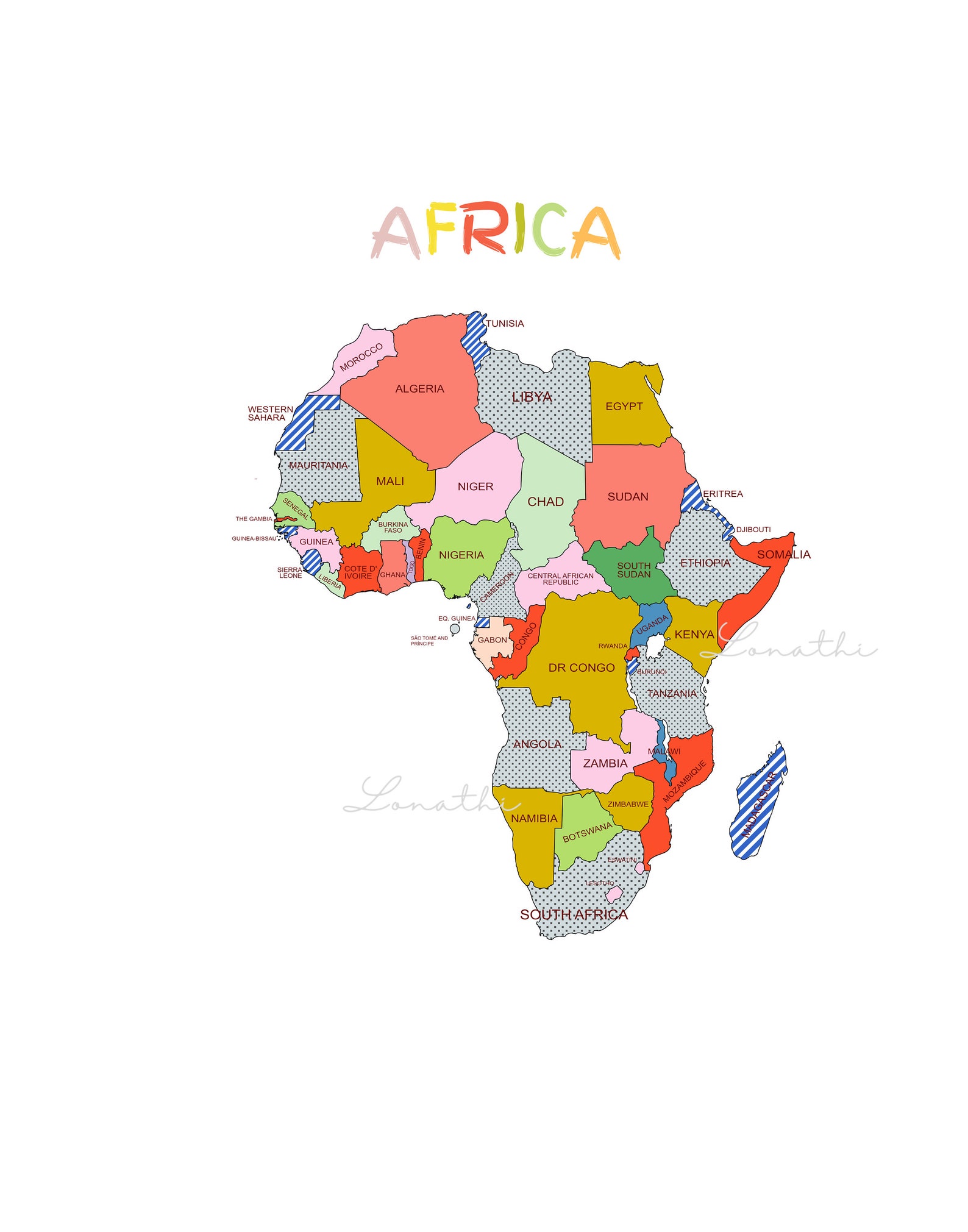 Digital Map of Africa, Printable Africa Map, Colorful Home or Office ...