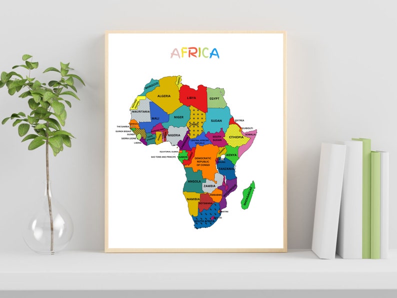 Digital Map of Africa, Colorful Home or Office Wall Art Deco Map of ...