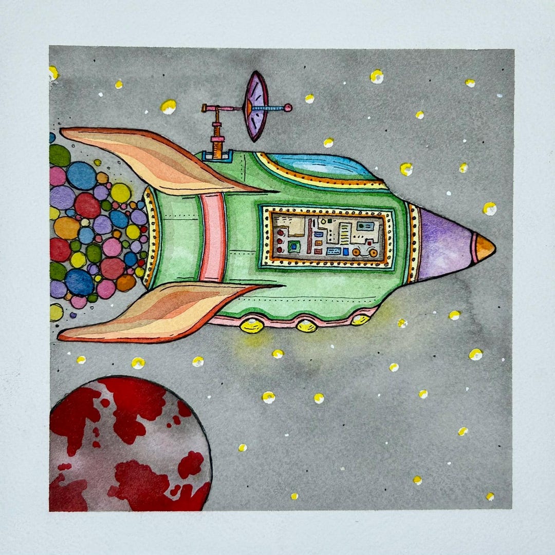 Green Rocket Ship - Print - Etsy