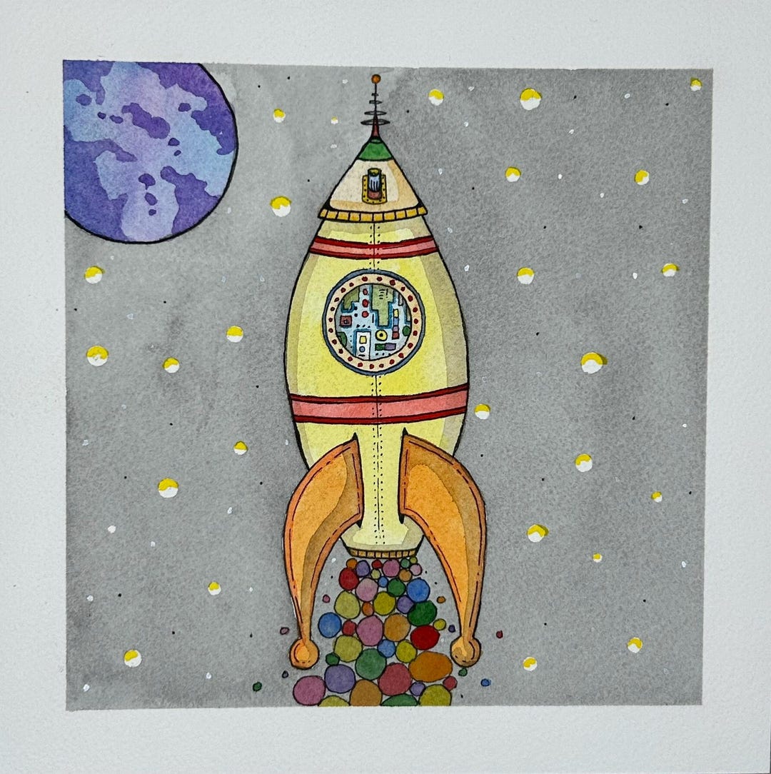 Yellow Rocket Ship - Print - Etsy