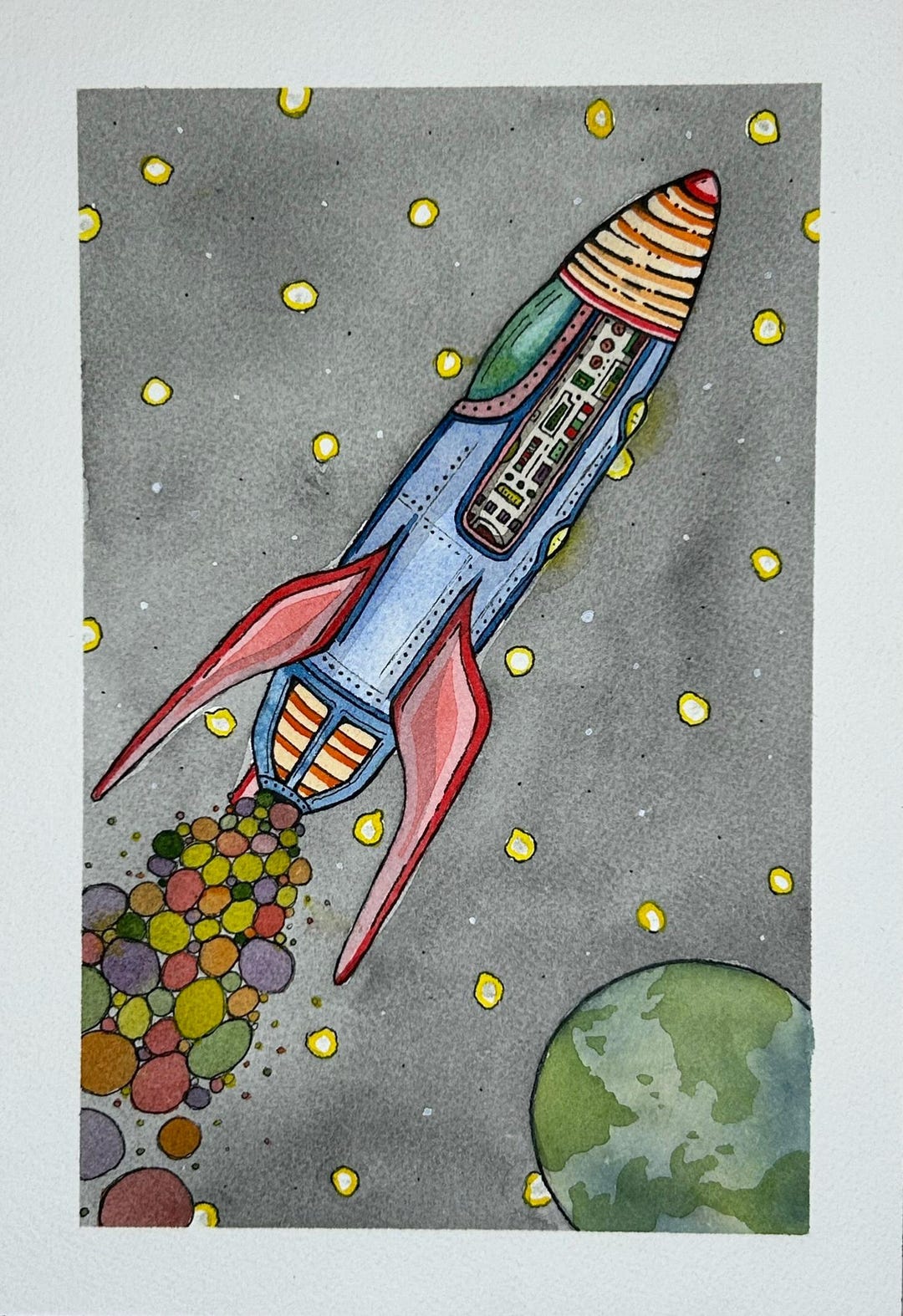 Blue Rocket Ship - Print - Etsy