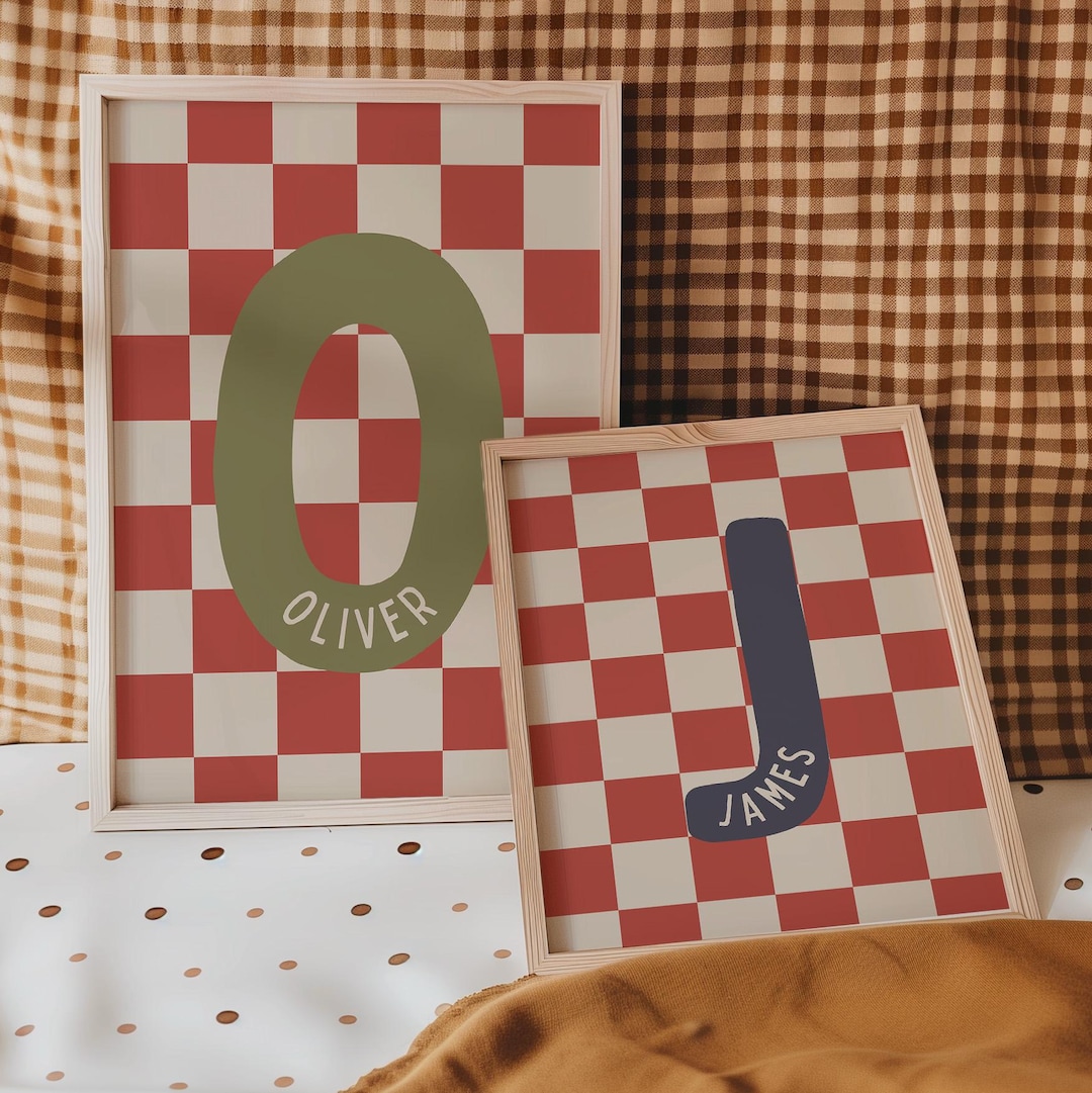 Custom Initial Name Poster, Personalized Name Checkered Poster, Boys ...