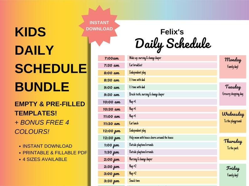 EDITABLE Kids Daily Schedule Baby Schedule Toddler Routine - Etsy
