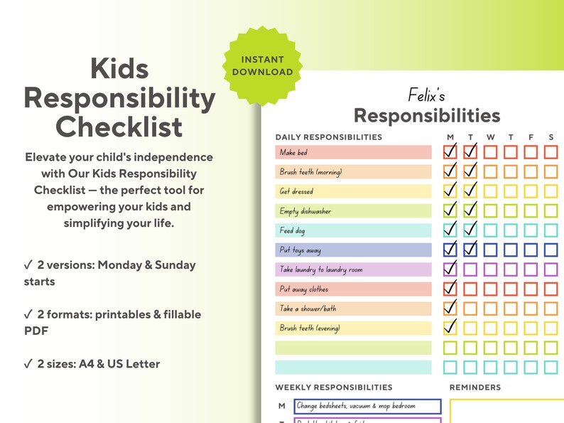EDITABLE Kids Responsibility Checklist Printable for Kids, Personalised ...