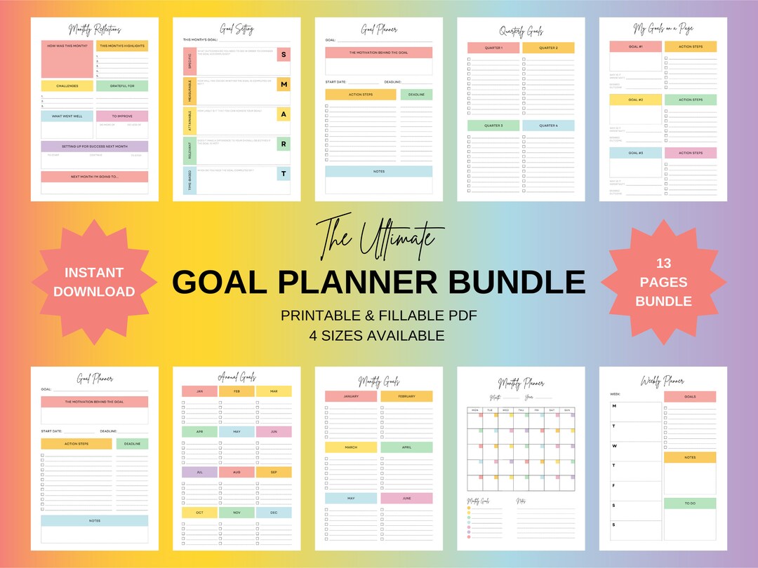 EDITABLE Rainbow Goal Planner Bundle 2022/2023 Goals Tracker - Etsy