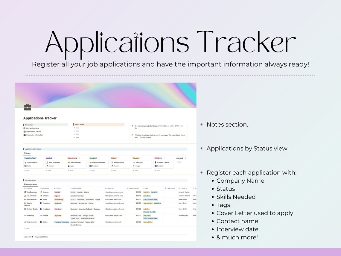Job Applications Tracker Notion Template Digital Resume Digital Portfolio Notion Dashboard ...