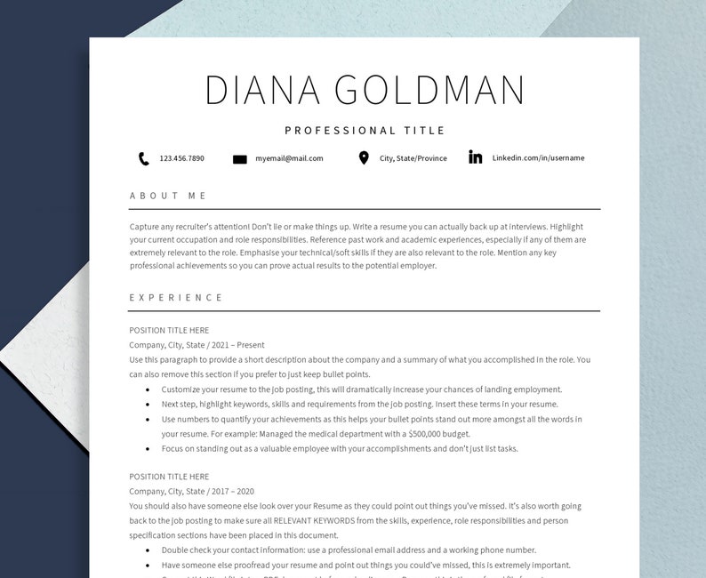 Professional Resume Template, Clean Resume, CV Template, Cover Letter ...
