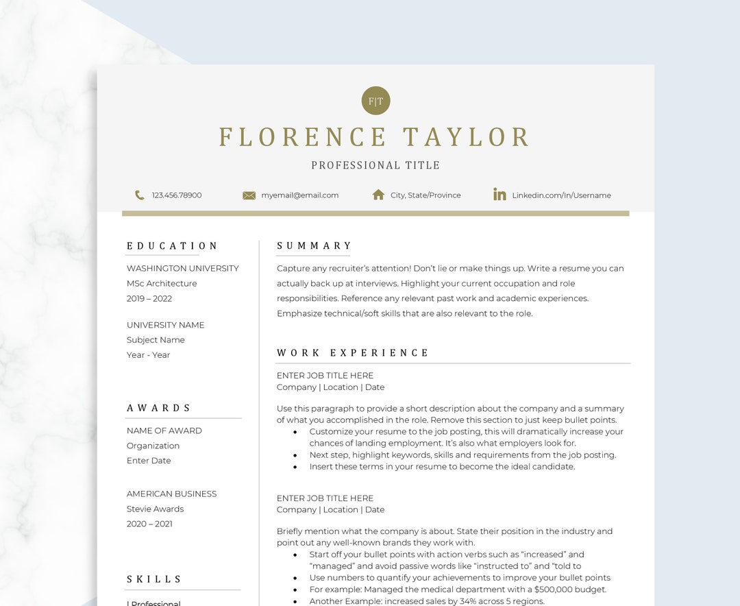 Classic Professional Resume Template Professional Resume - Etsy