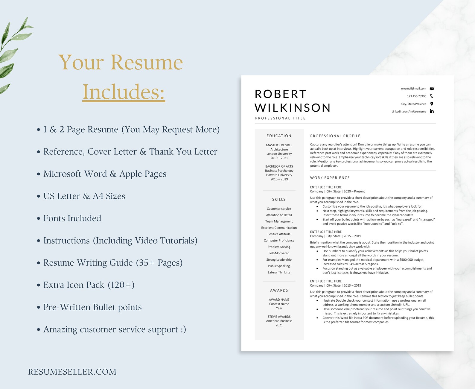 Modern Resume Template, Professional Resume, CV Template, Cover Letter ...