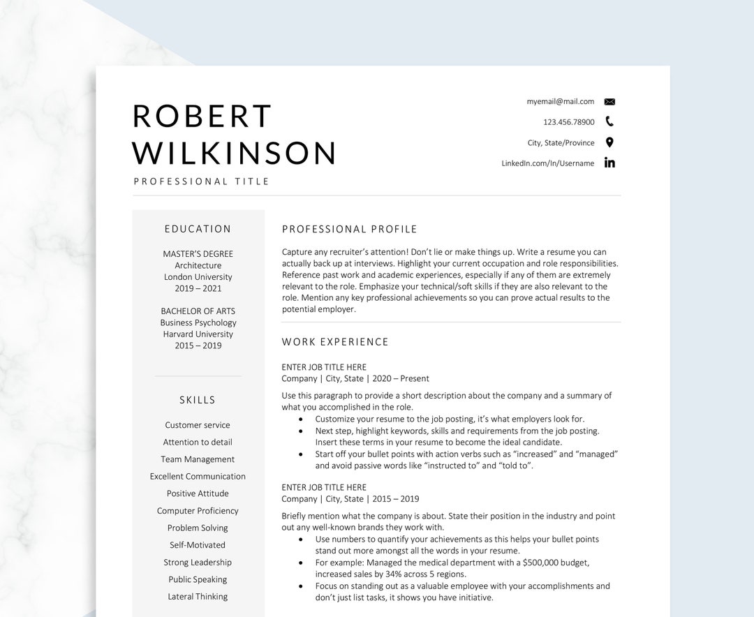 Modern Resume Template Professional Resume CV Template - Etsy
