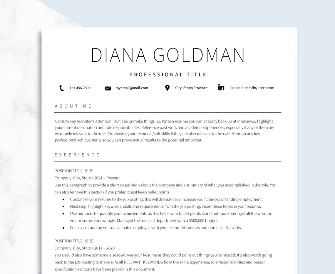 Professional Resume Template Clean Resume CV Template Cover - Etsy